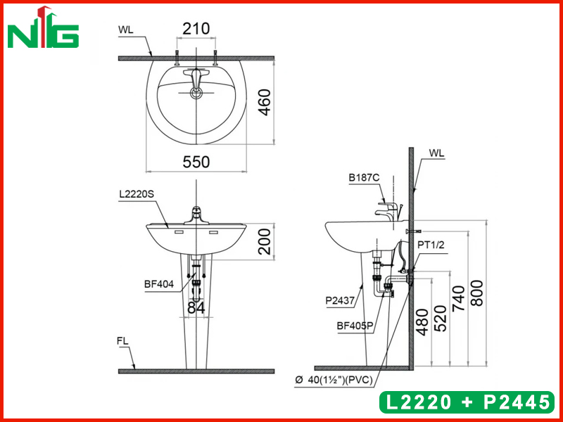 Lavabo Treo Tường CAESAR L2220 + P2445